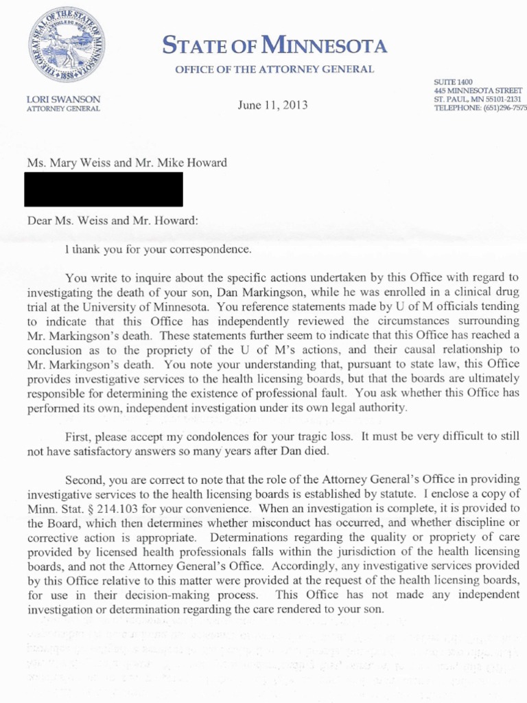 Attorney General Office Letter Refuting Claim That It Investigated ...