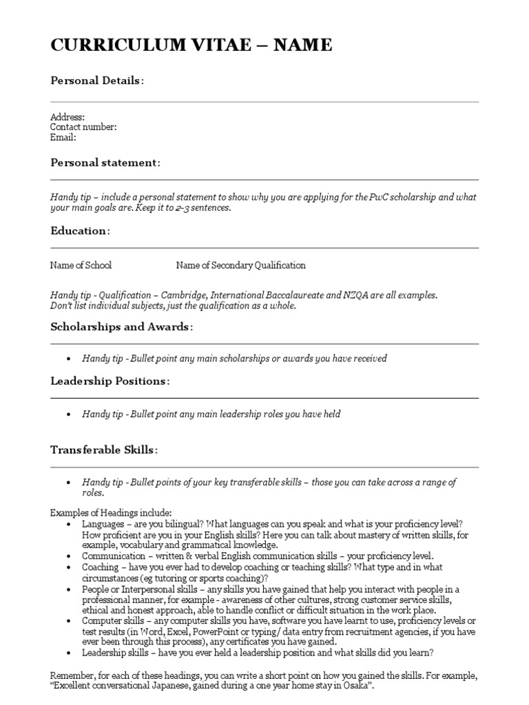 PwC Scholarship CV Template Guide | PDF