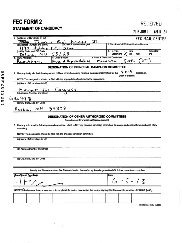 Fec Form 2: Received | PDF
