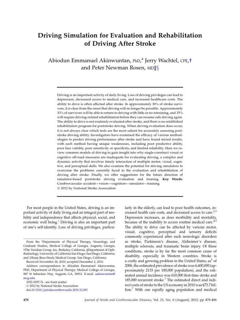 Driving Simulation For Evaluation and Rehabilitation of Driving After ...