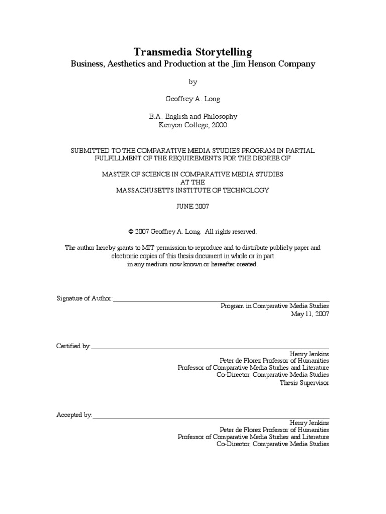 Geoffrey Long, "Transmedia Storytelling: Business, Aesthetics and ...