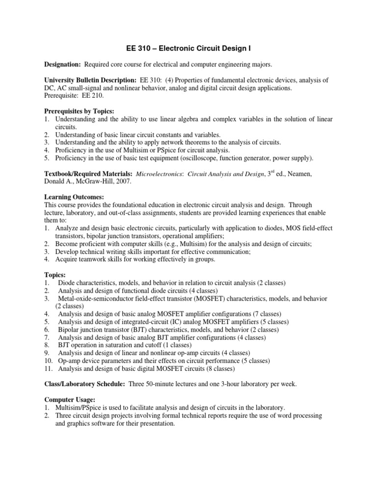 Ee 310 Syllabus | PDF | Electrical Network | Electronics