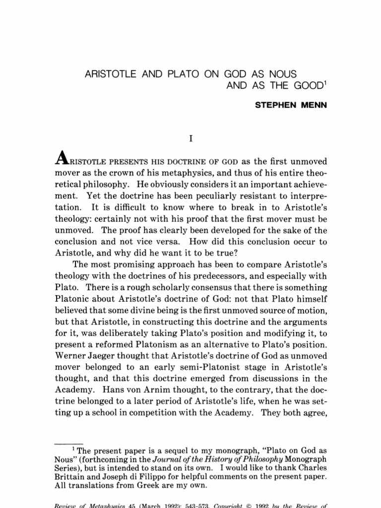 Aristotle and Plato On God As Nous and As The Good Stephen Menn | PDF ...