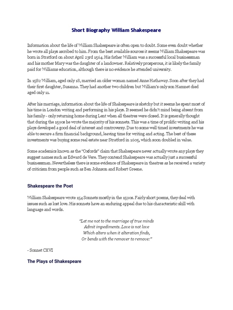 Short Biography William Shakespeare | PDF | William Shakespeare | Poetry