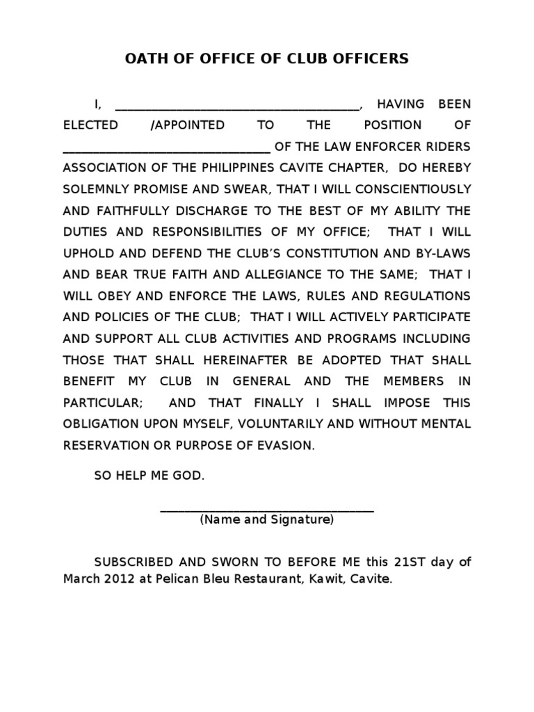 Oath of Office of Club Officers | Oath Of Office | Public Law