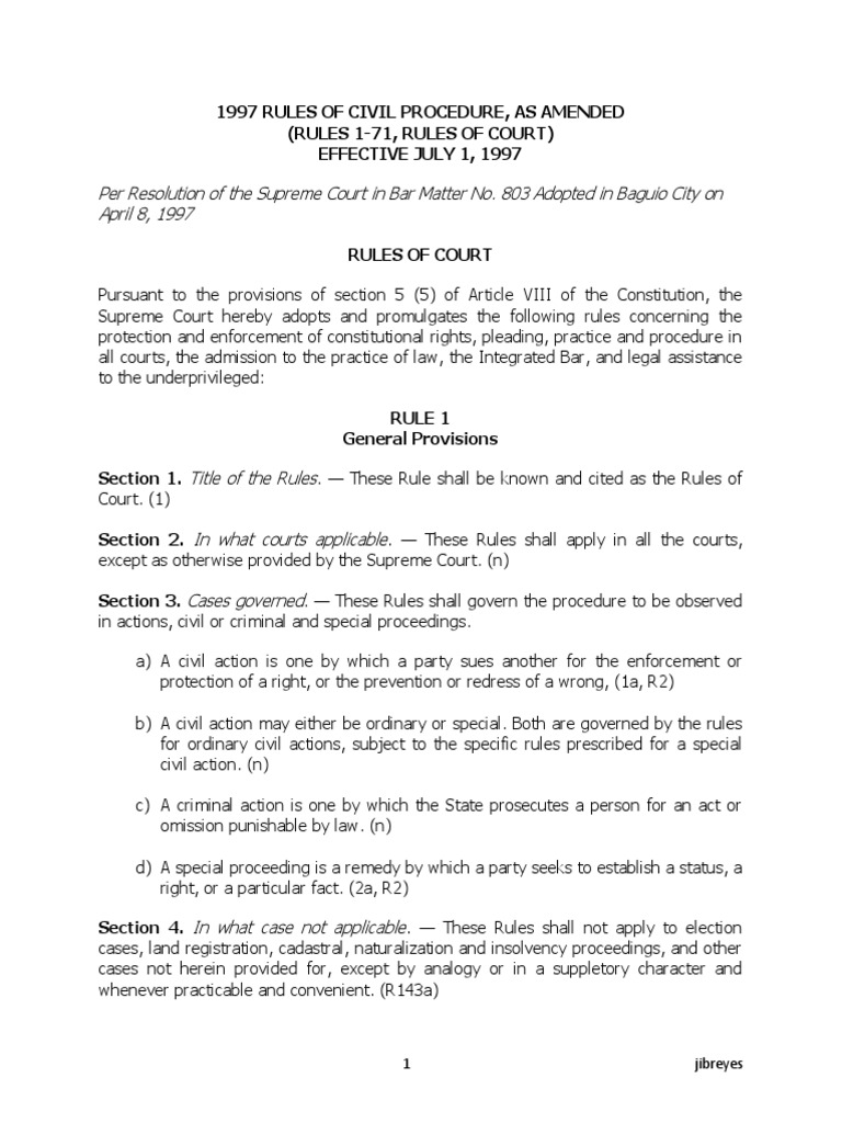 1997 Rules of Civil Procedure, As Amended (Rules 1-71, Rules of Court ...