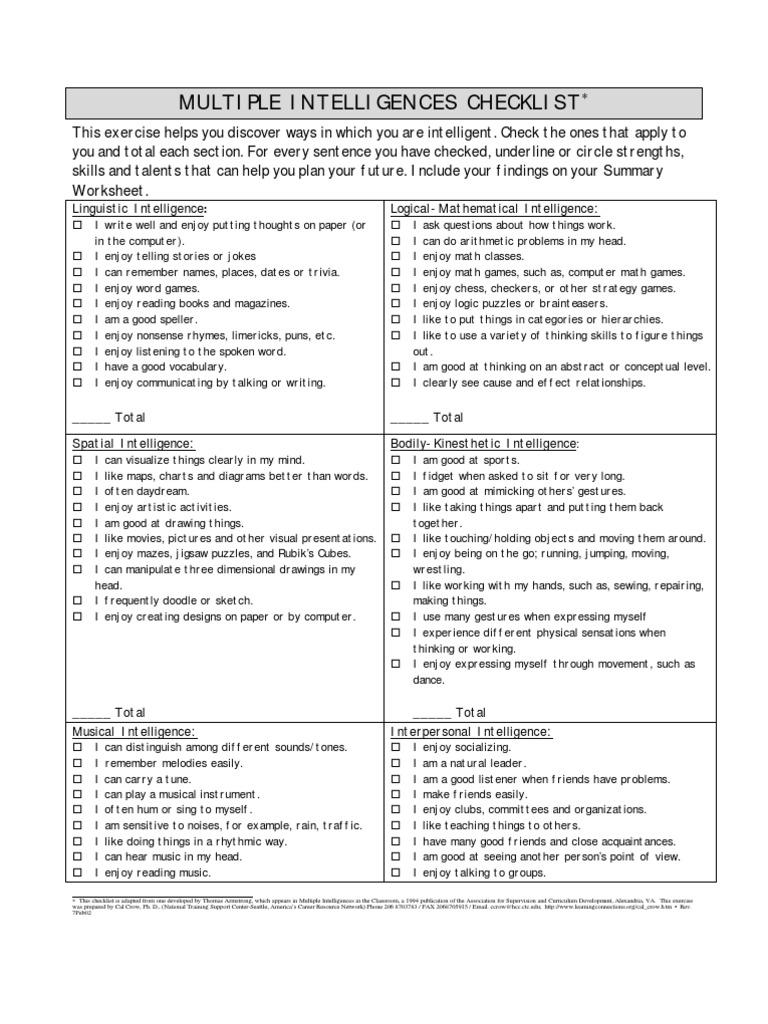 Multiple Intelligence Checklist | PDF | Intelligence | Teaching Mathematics