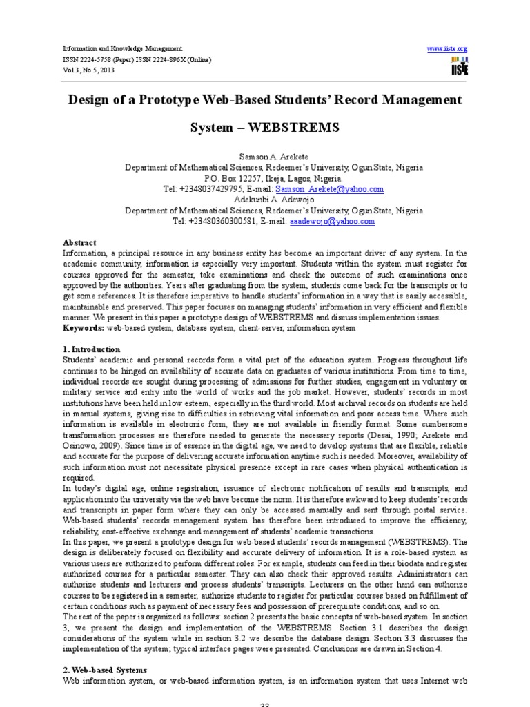 Design of A Prototype Web-Based Students' Record Management System ...