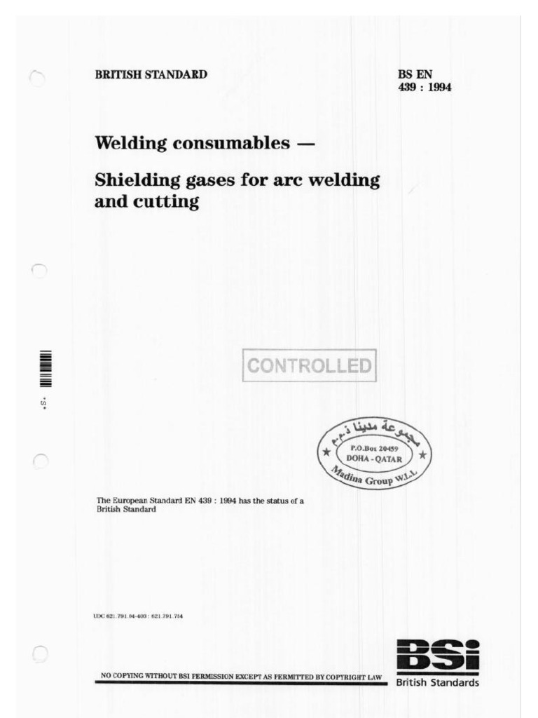 BS en 439-1994 Welding Consumables - Shielding Gases For Arc Welding ...