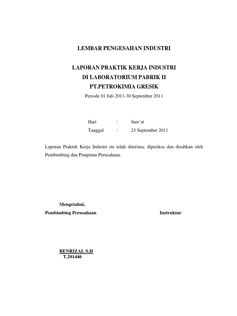 Laporan PSG (Prakerin) PT. PETROKIMIA GRESIK (LEMBAR PENGESAHAN) PDF | PDF