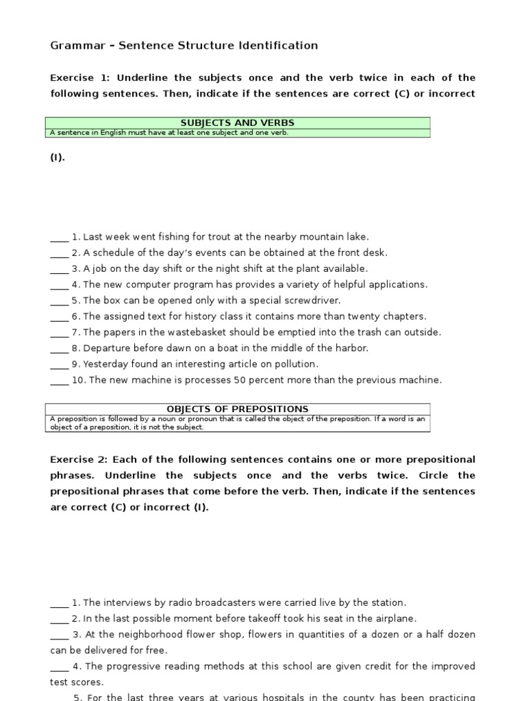 Sentence Error Identification | PDF | Subject (Grammar) | Preposition And Postposition