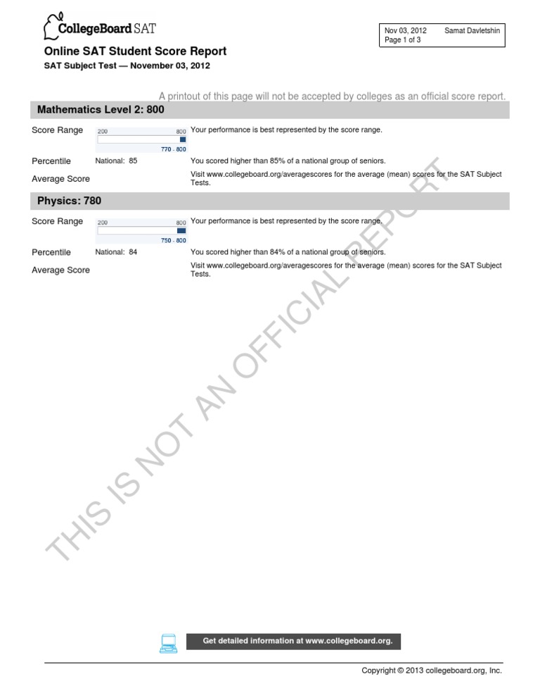 This Is Not An Official Report: Online SAT Student Score Report | PDF ...