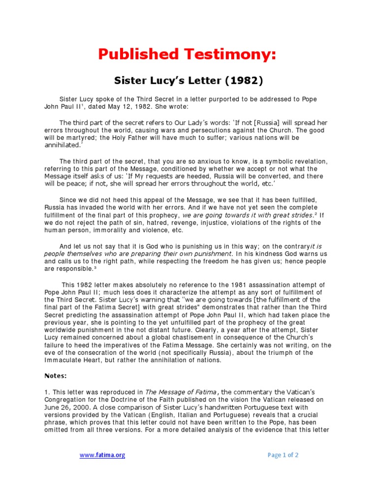 Sister Lucy Letter 1982 | PDF | Our Lady Of Fátima | Catholic Theology ...