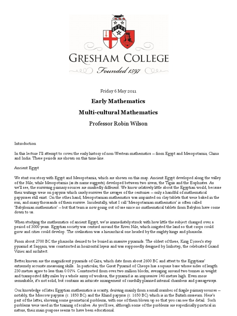 Early Mathematics Multi-Cultural Mathematics: Professor Robin Wilson ...