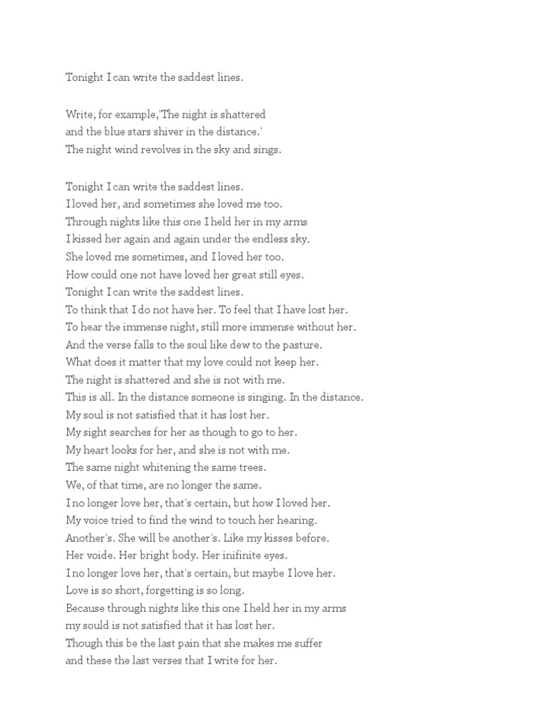 Tonight I Can Write The Saddest Lines by Pablo Neruda | PDF
