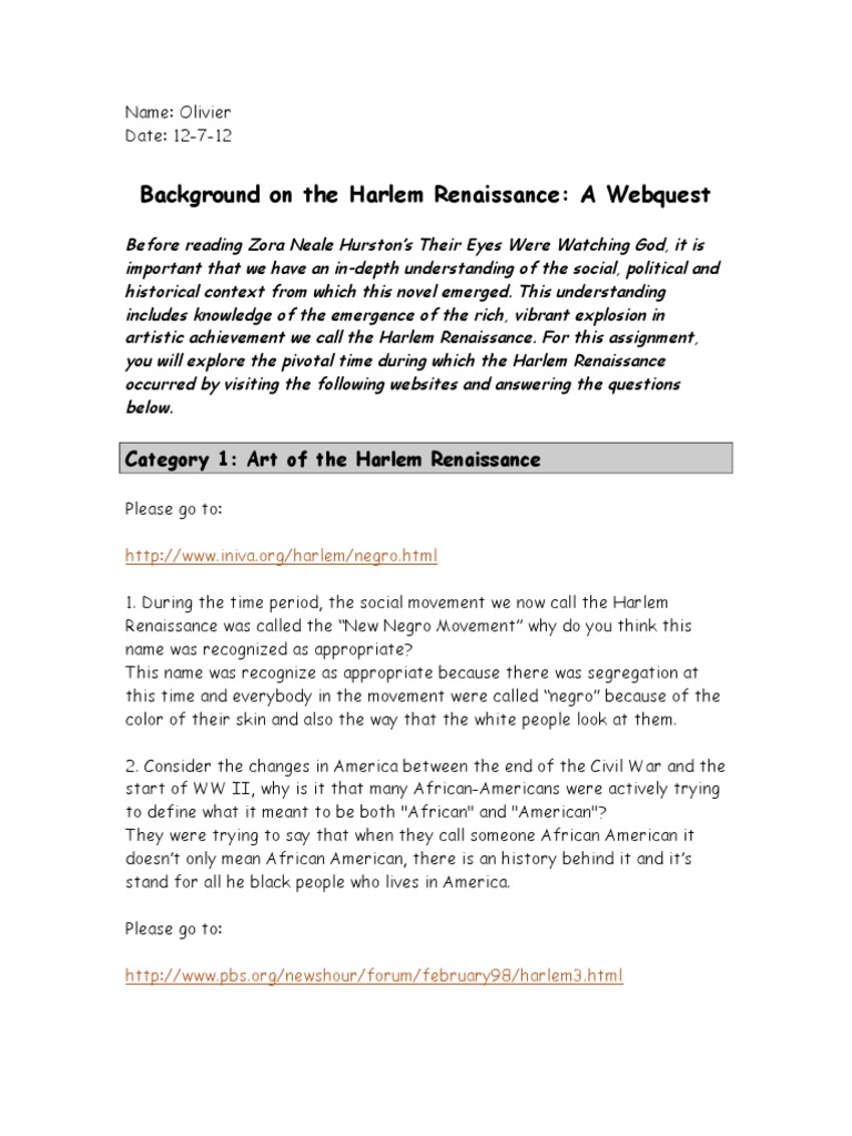 Harlem Renaissance Webquest Guide | PDF | Harlem Renaissance | Culture ...