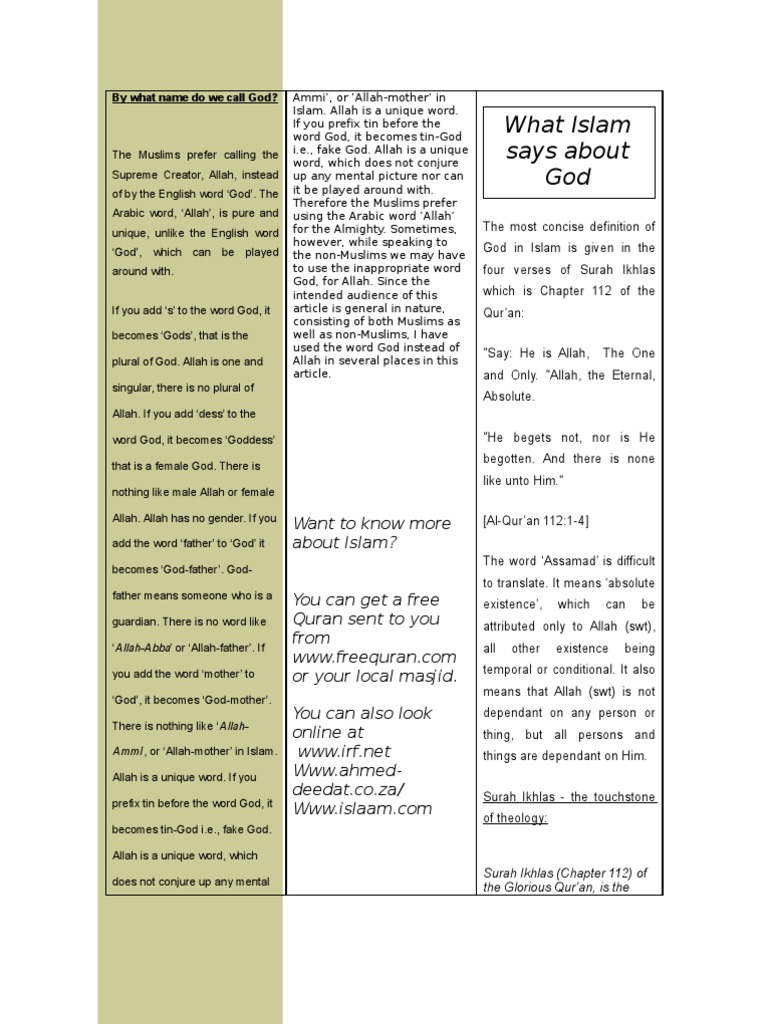 Islam Dawah Brochure Part 1 | PDF | Allah | God In Islam