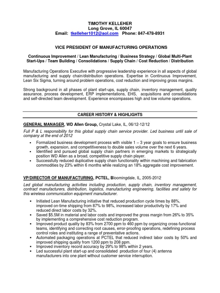 Vice President Manufacturing Operations in Chicago IL Resume Timothy ...