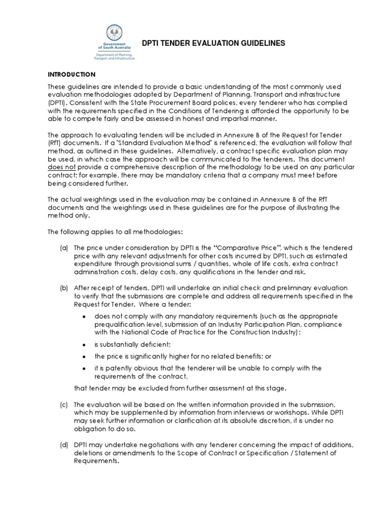 DPTI Tender Evaluation Guidelines | PDF | Evaluation | Specification ...
