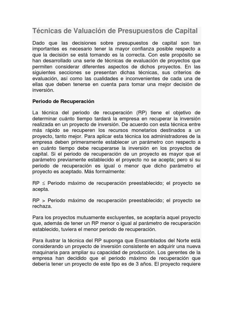 Técnicas de Valuación de Presupuestos de Capital | PDF | Tasa interna de retorno | Valor ...