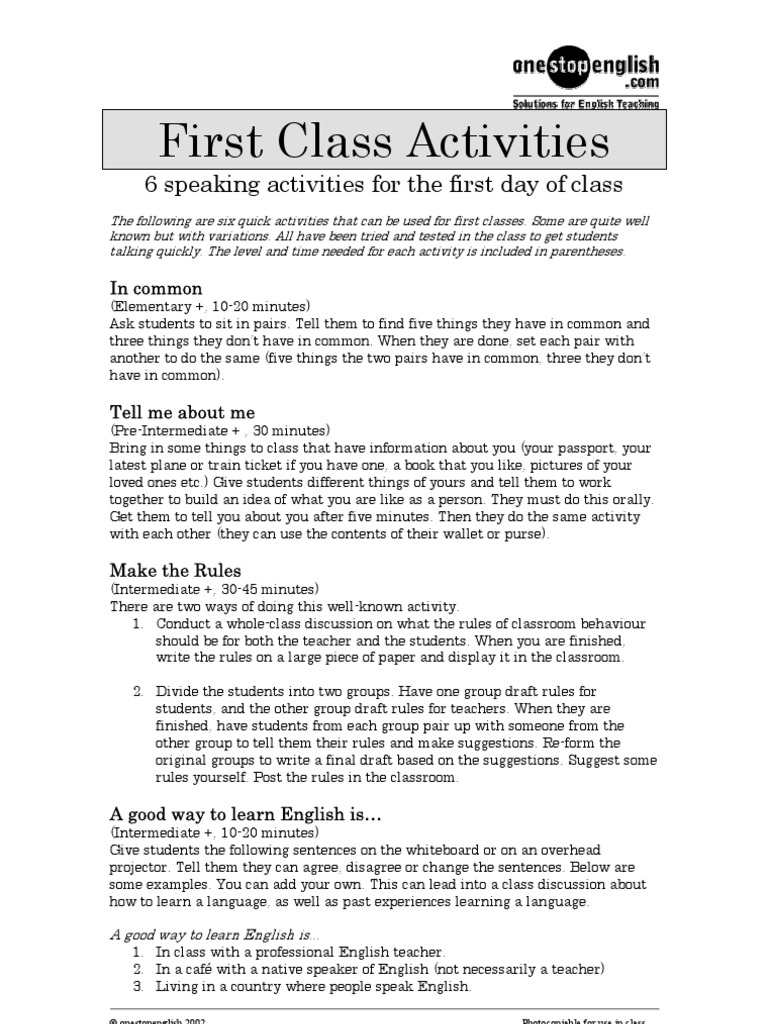 First Day English Class Activities | PDF | Language Arts & Discipline ...