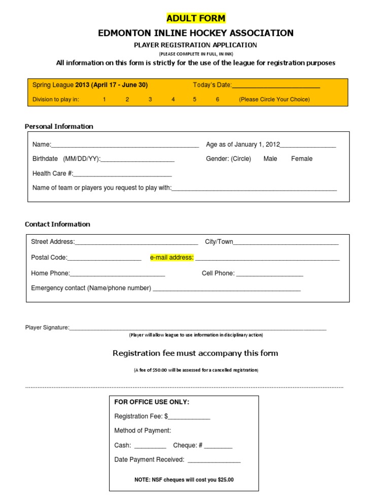 Edmonton Inline Hockey Registration Form | PDF | Sports & Recreation ...