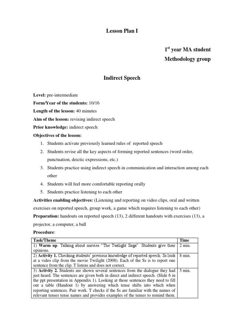 Reported Speech Lesson Plan for MA Students | PDF | Lesson Plan ...