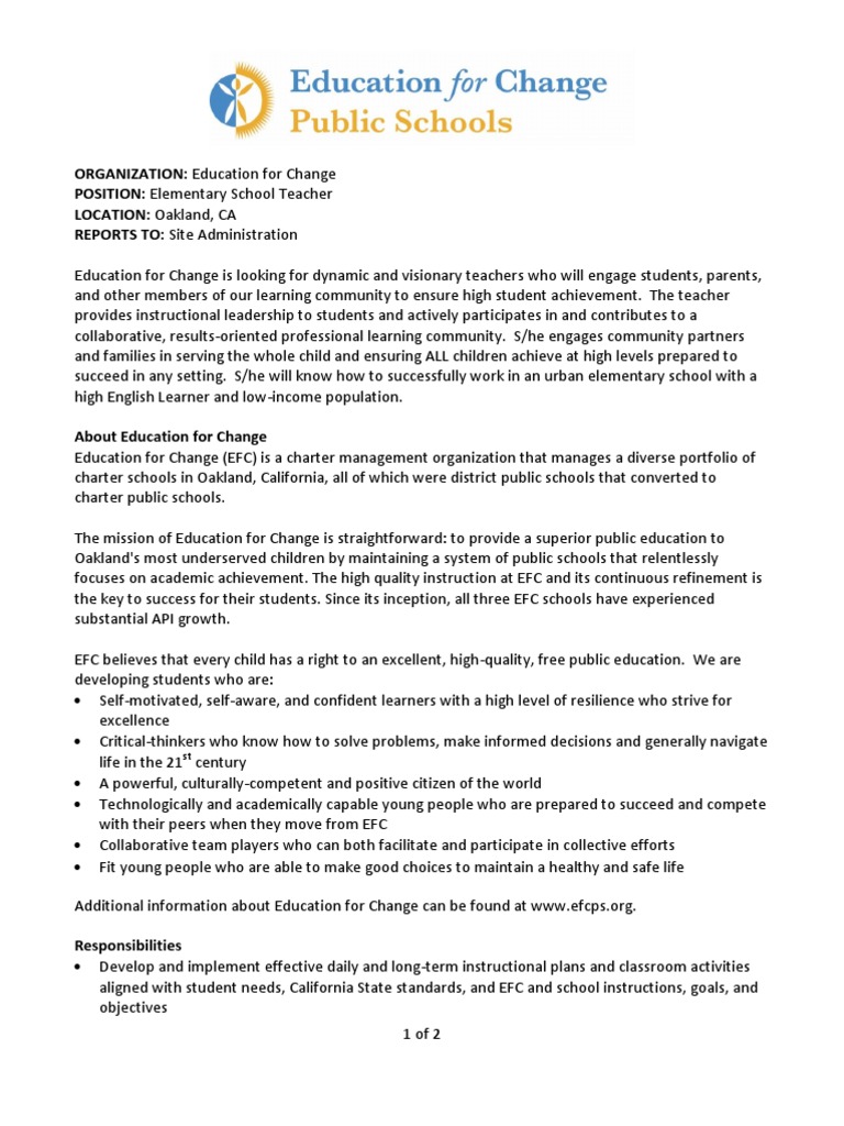 EFC Elementary Teacher Posting | PDF | Career & Growth