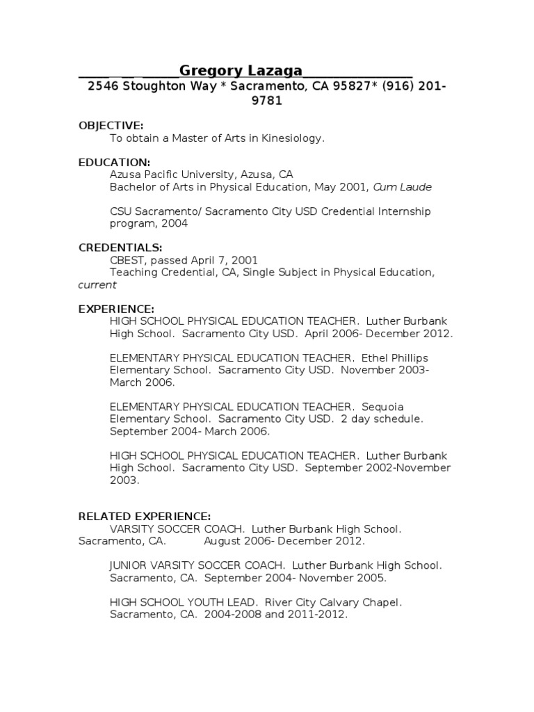 Kinesiology Master's Candidate Resume | PDF | Sports & Recreation ...
