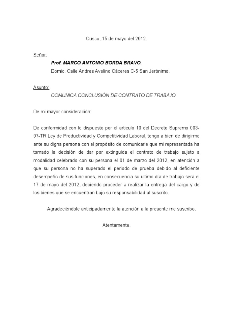 Carta de Conclusion de Contrato de Trabajo Por No Superarse Periodo de ...