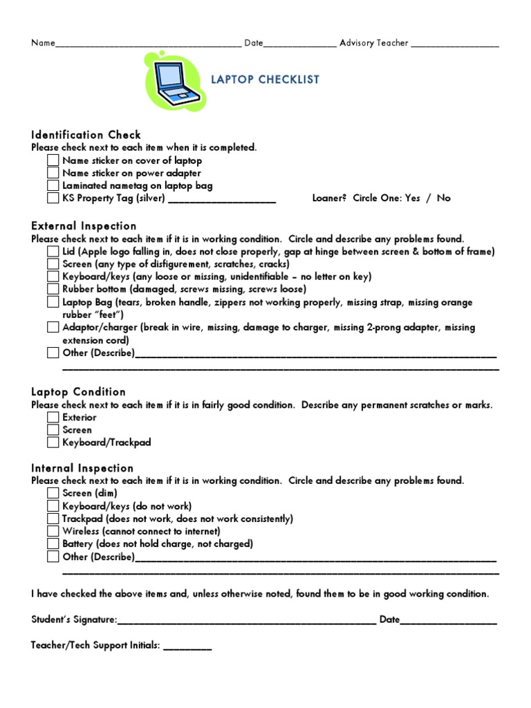 Laptop Condition Inspection Checklist | PDF | Games & Activities
