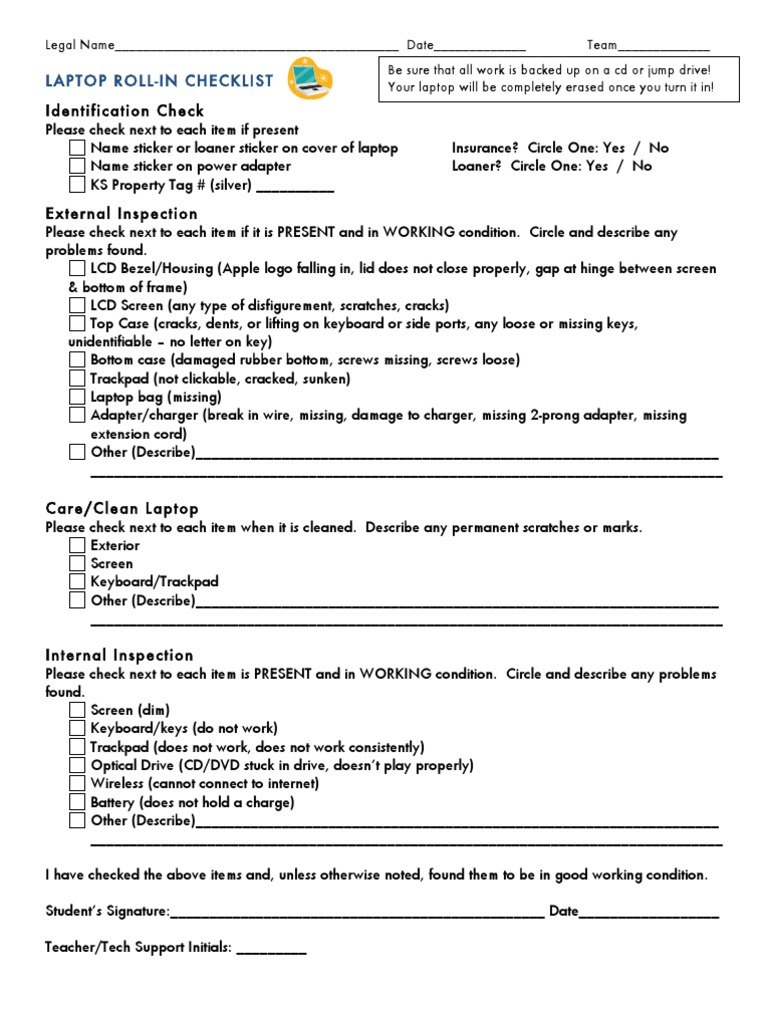 Laptop Roll-In Inspection Checklist | PDF | Laptop | Computer Keyboard