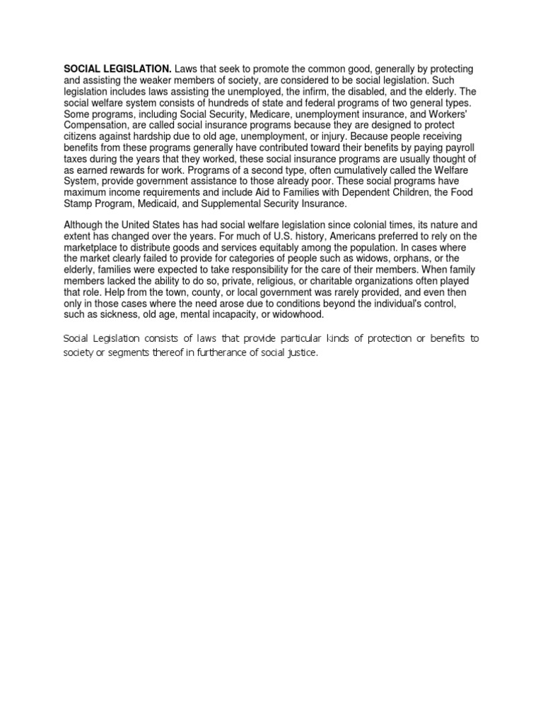 Overview of Social Legislation in the U.S. | PDF