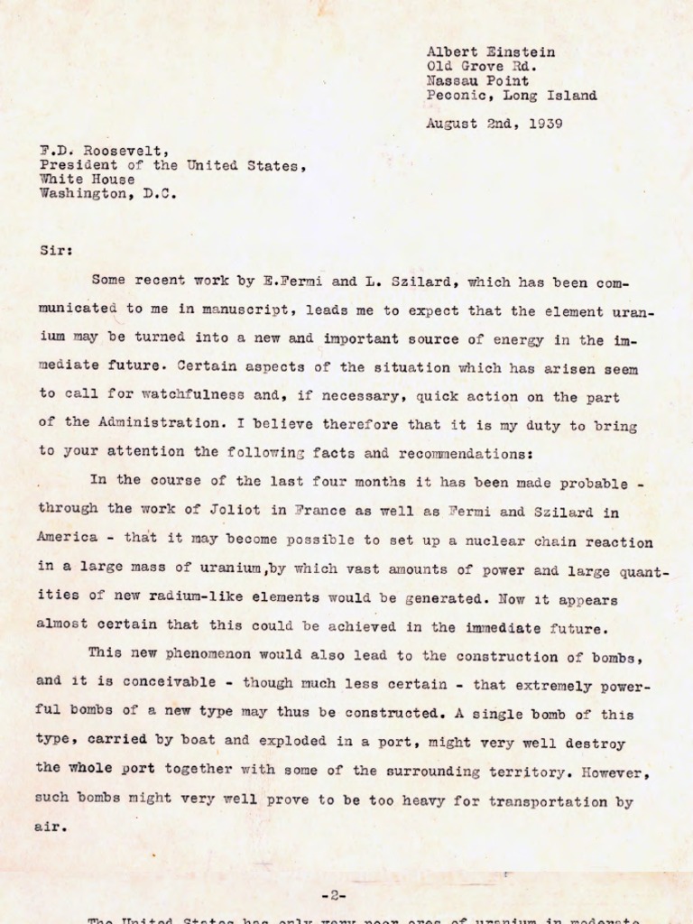 Einstein Letter To FDR Regarding Atomic Bomb, August 2, 1939 | PDF