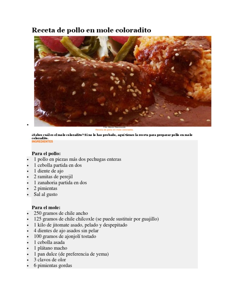 Receta de Pollo en Mole Coloradito | PDF | Cocina latinoamericana ...