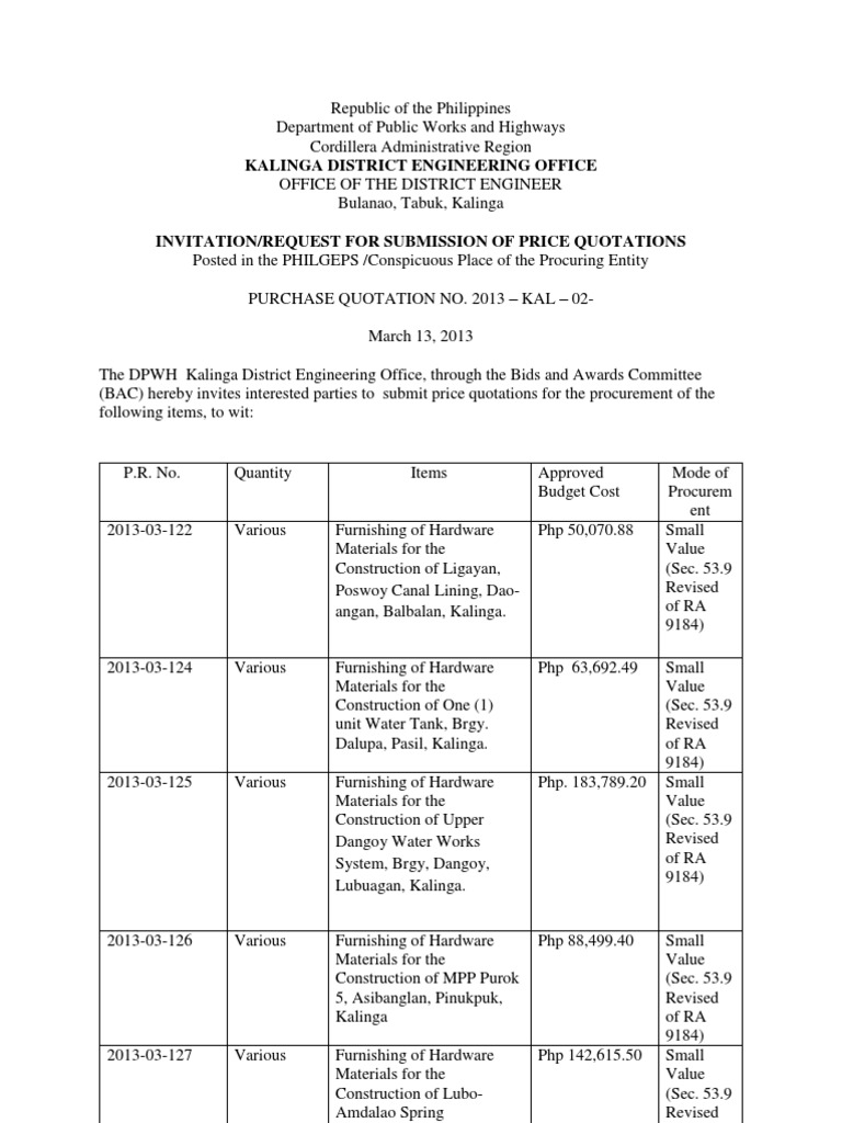 Submission of Price Quotation - dpwh | Economies | Business