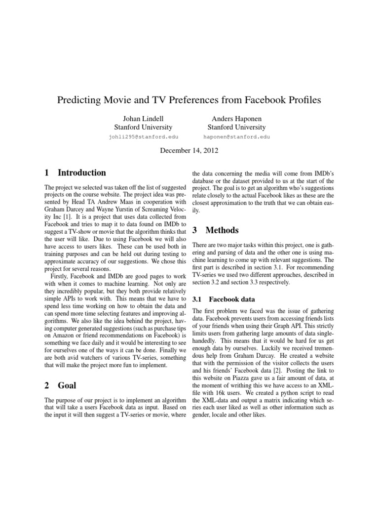 Predicting Movie and TV Preferences From Facebook Profiles | PDF ...
