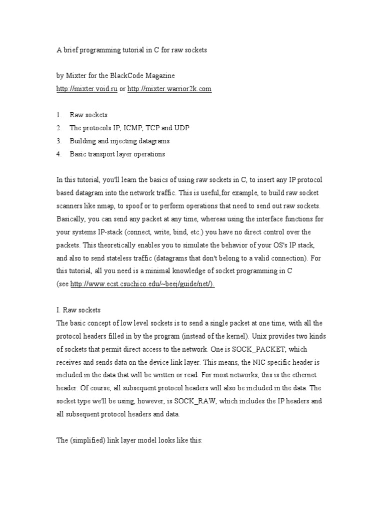 Raw Socket Tutorial | PDF | Transmission Control Protocol | Internet Protocols