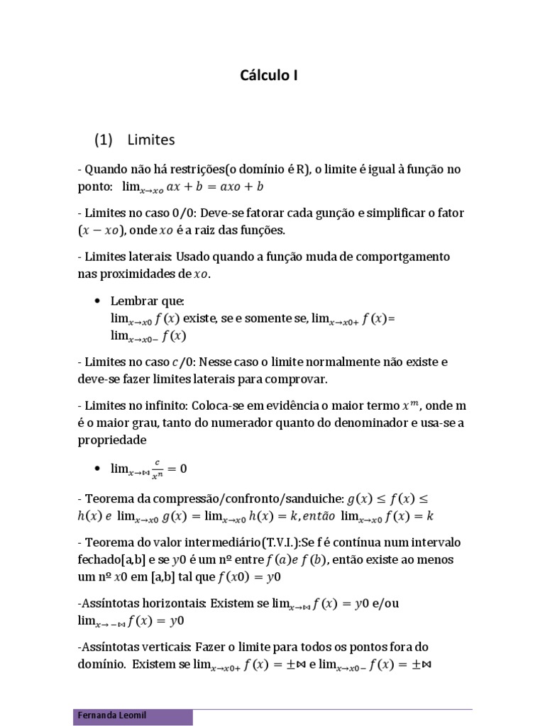 Resumo Cálculo I | PDF | Cálculo | Limite (Matemática)