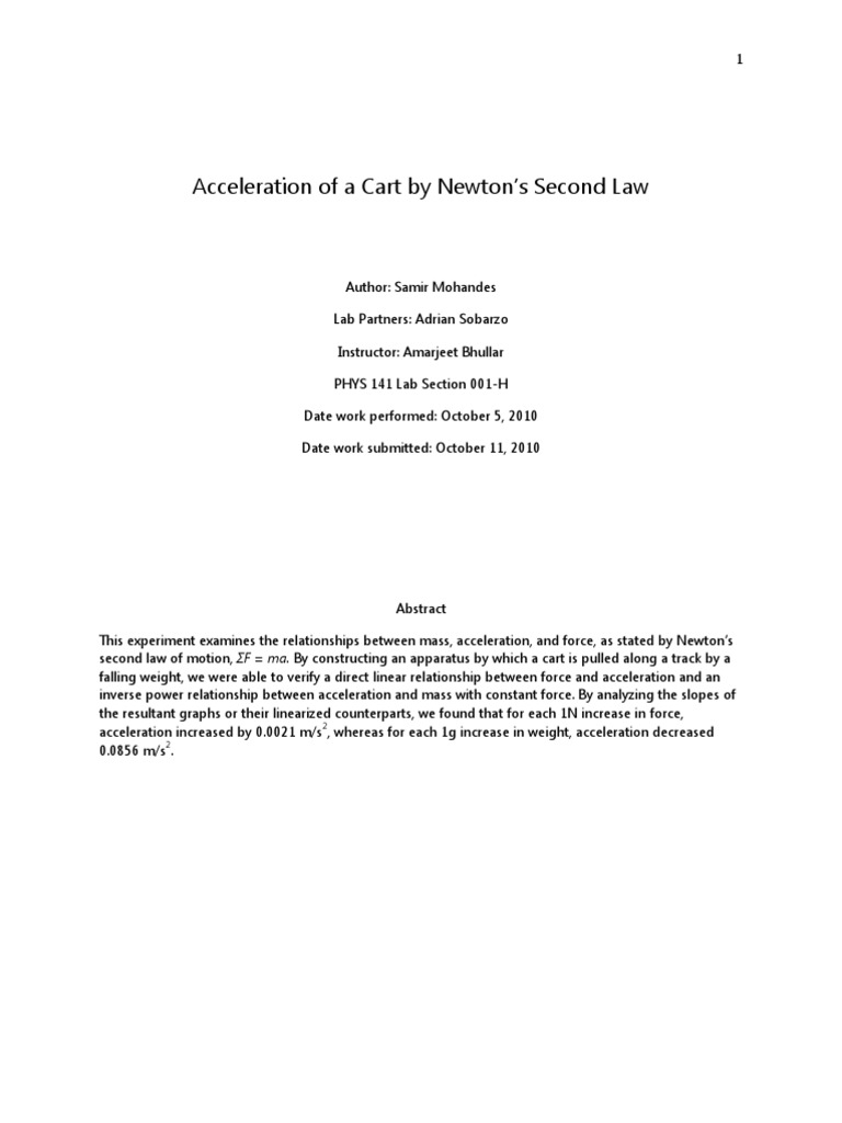 Newton's Second Law: Cart Acceleration Study | PDF | Force | Mass