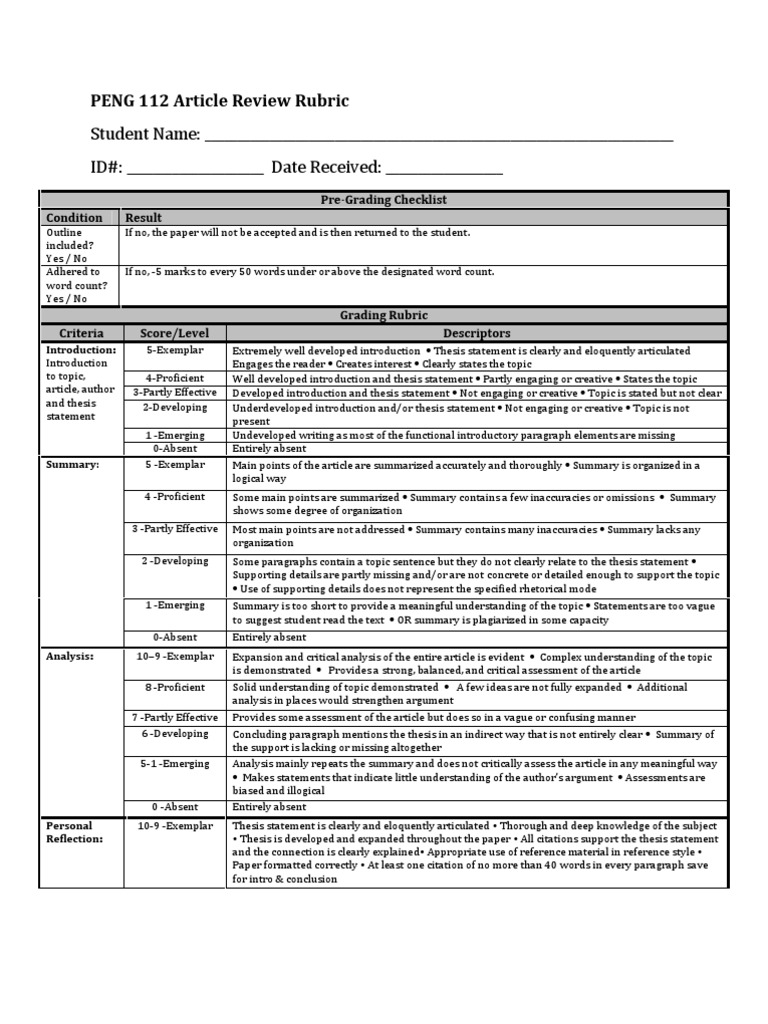 Article Review Rubric (PENG112) | PDF | Rubric (Academic) | Thesis