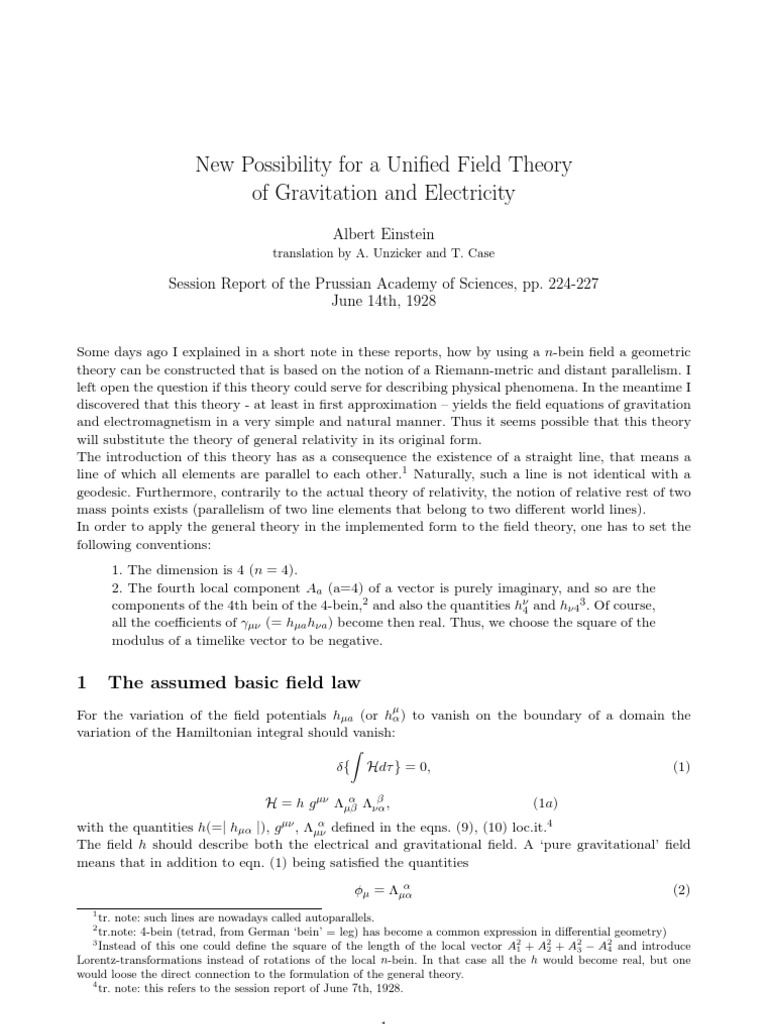 Einstein Proposes a Unified Field Theory of Gravitation and Electromagnetism Based on Distant ...