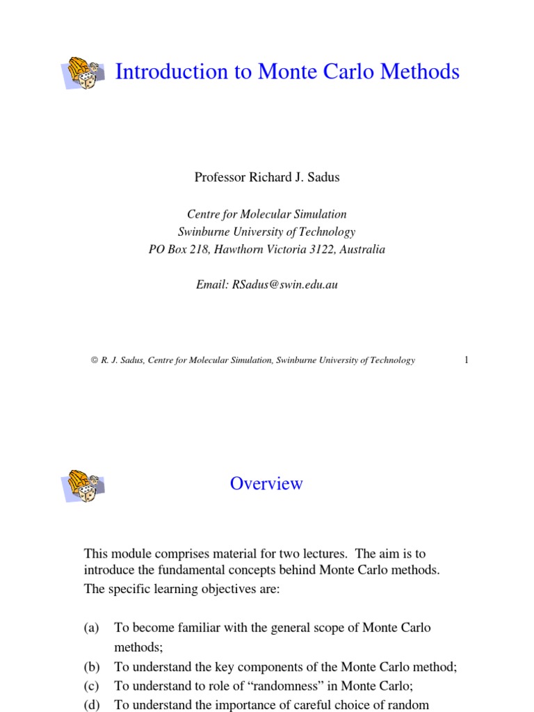 Introduction To Monte Carlo Methods: Professor Richard J. Sadus | PDF ...