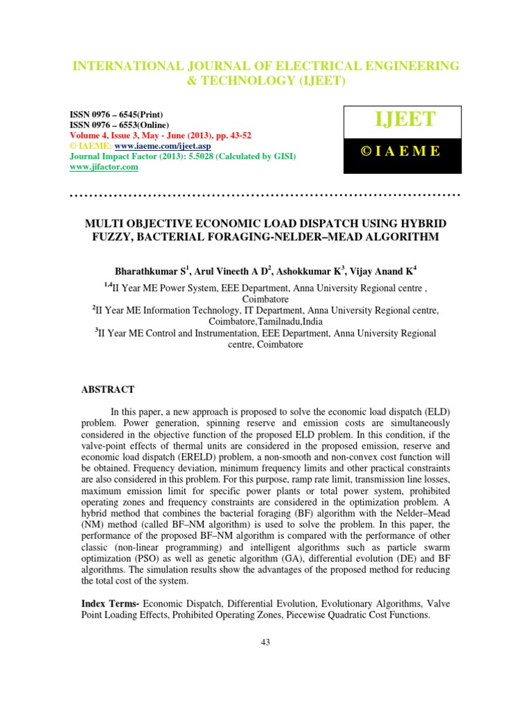 Multi Objective Economic Load Dispatch Using Hybrid Fuzzy Bacterial Pdf Mathematical