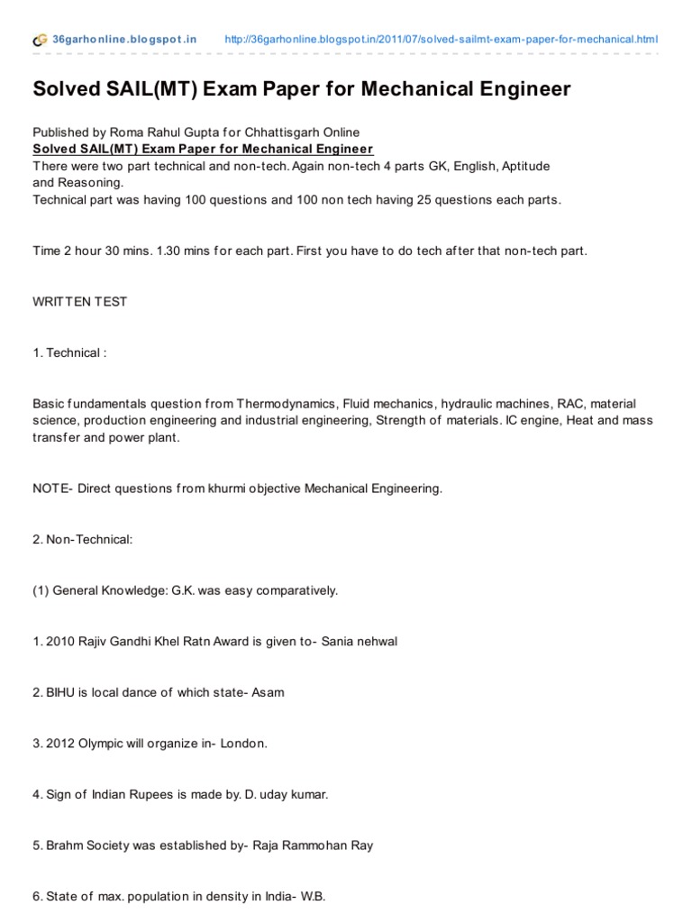 SAIL MT Mechanical Exam Paper Insights | PDF | Gas Turbine | Internal ...