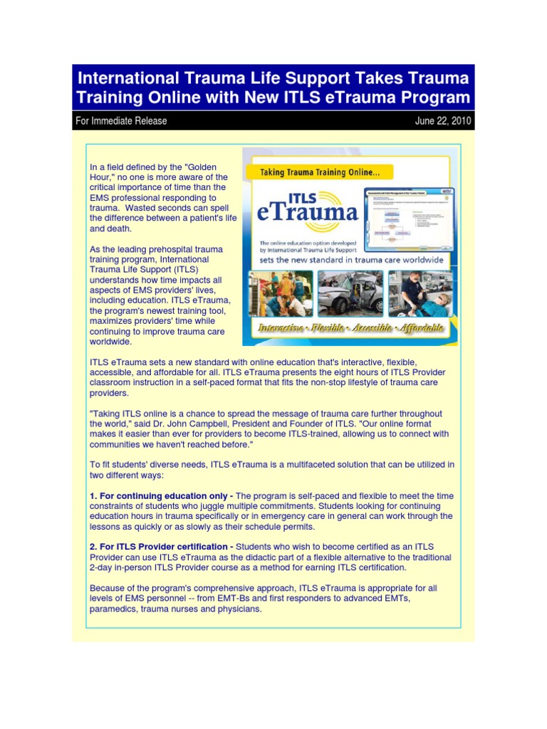 International Trauma Life Support Takes Trauma Training Online With New Itls Etrauma Program ...
