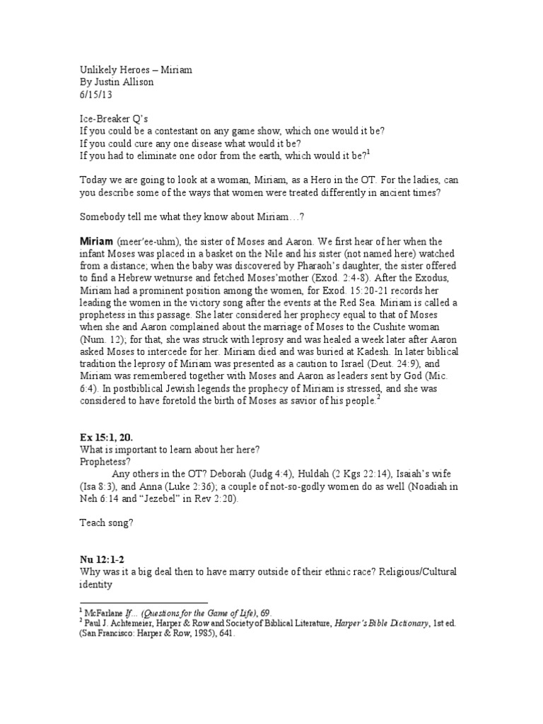 Question Based Bible Study: Unlikely Heroes Miriam | PDF | Miriam | Aaron