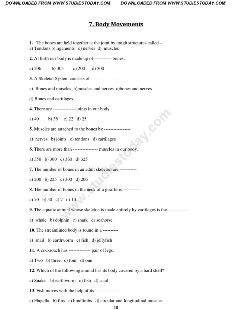 CBSE Class 6 - MCQ Body Movements | PDF | Skeleton | Skeletal System