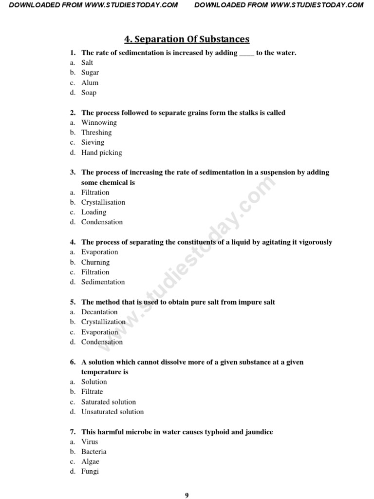 CBSE Class 6 - MCQ Separation of Substances | PDF | Filtration ...