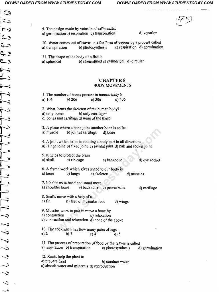 Class 6 Body Movements MCQ Test | PDF | Social Science